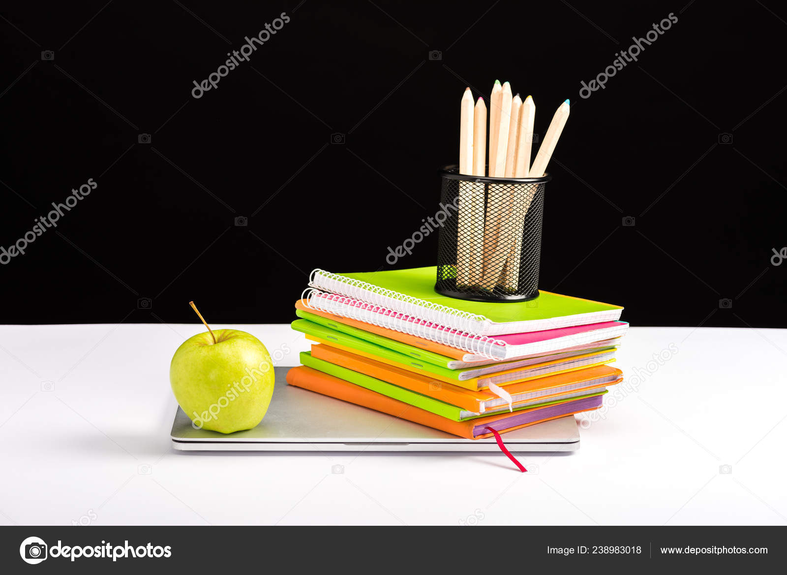 Colorful Notebooks Apple Laptop Desk Isolated Black — Stock Photo ...