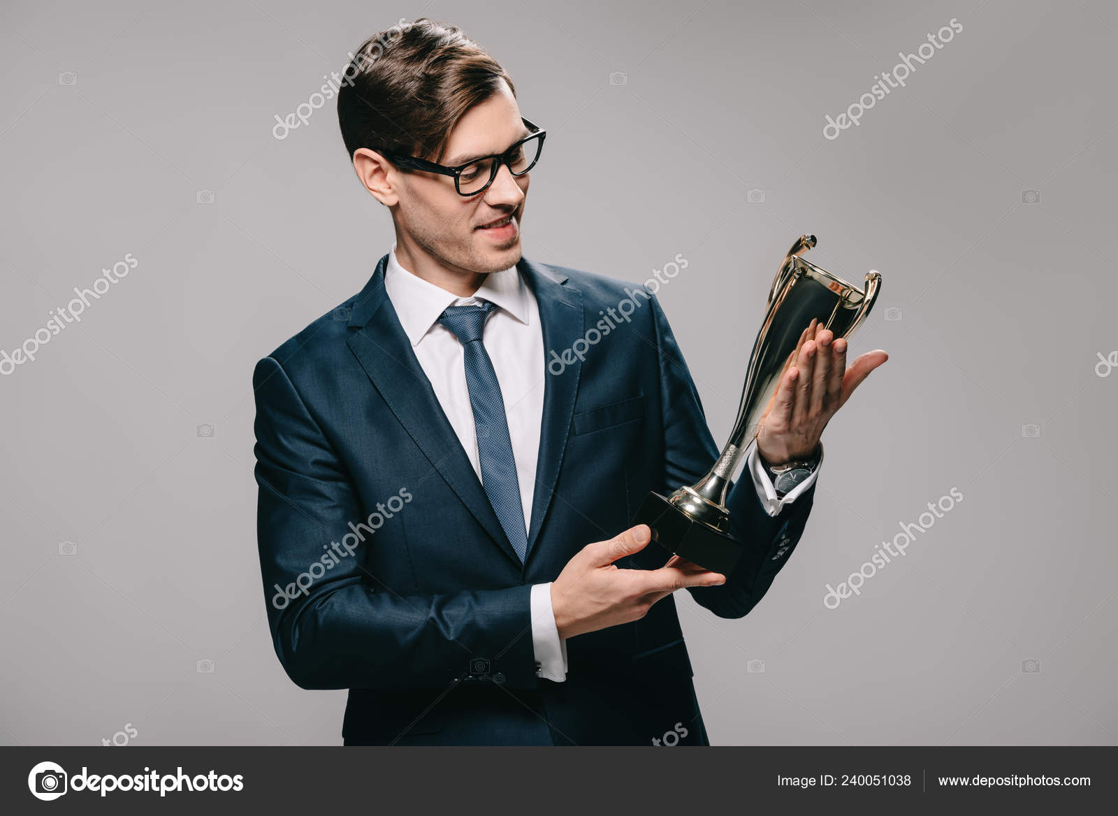 Handsome Businessman Glasses Looking Trophy Isolated Grey Stock Photo ...
