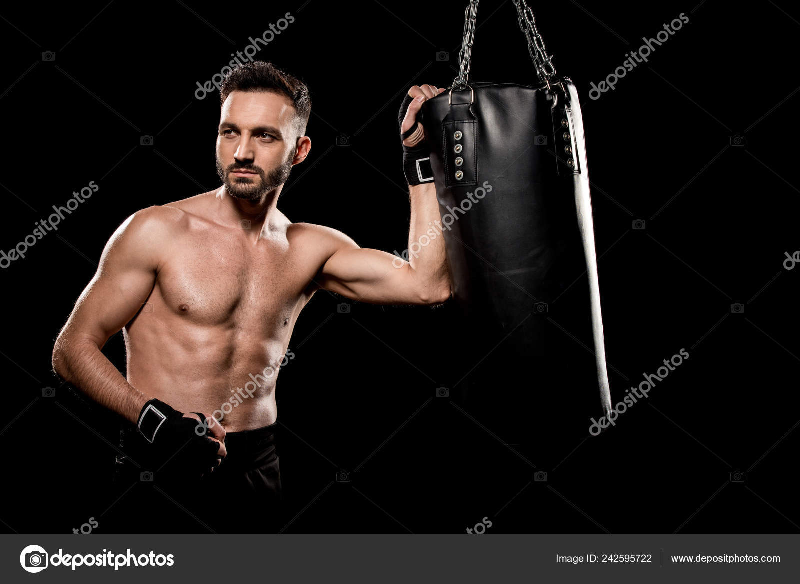 Muscular Handsome Boxer Standing Punching Bag Isolated Black Stock ...