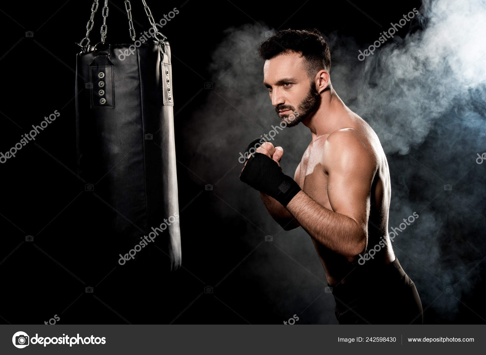 Muscular Athlete Standing Boxing Pose Looking Punching Bag Black Smoke ...