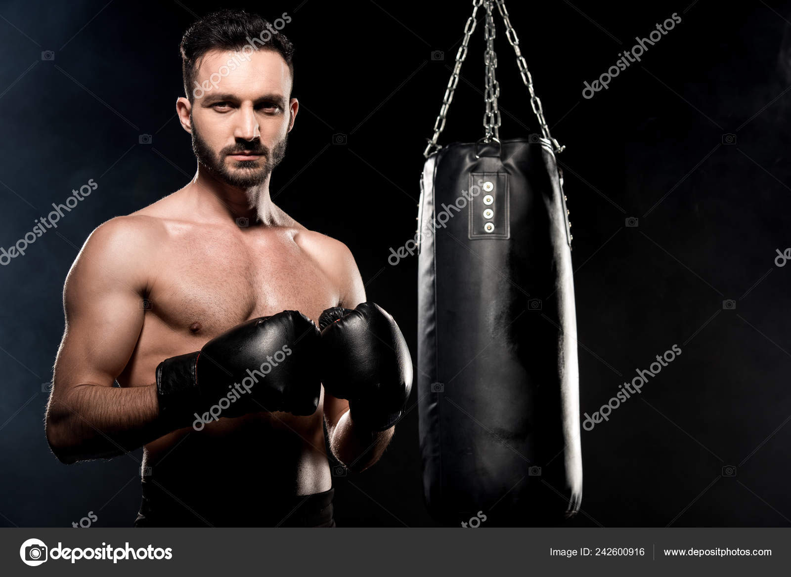 Handsome Athlete Boxing Gloves Standing Boxing Pose Isolated Black ...