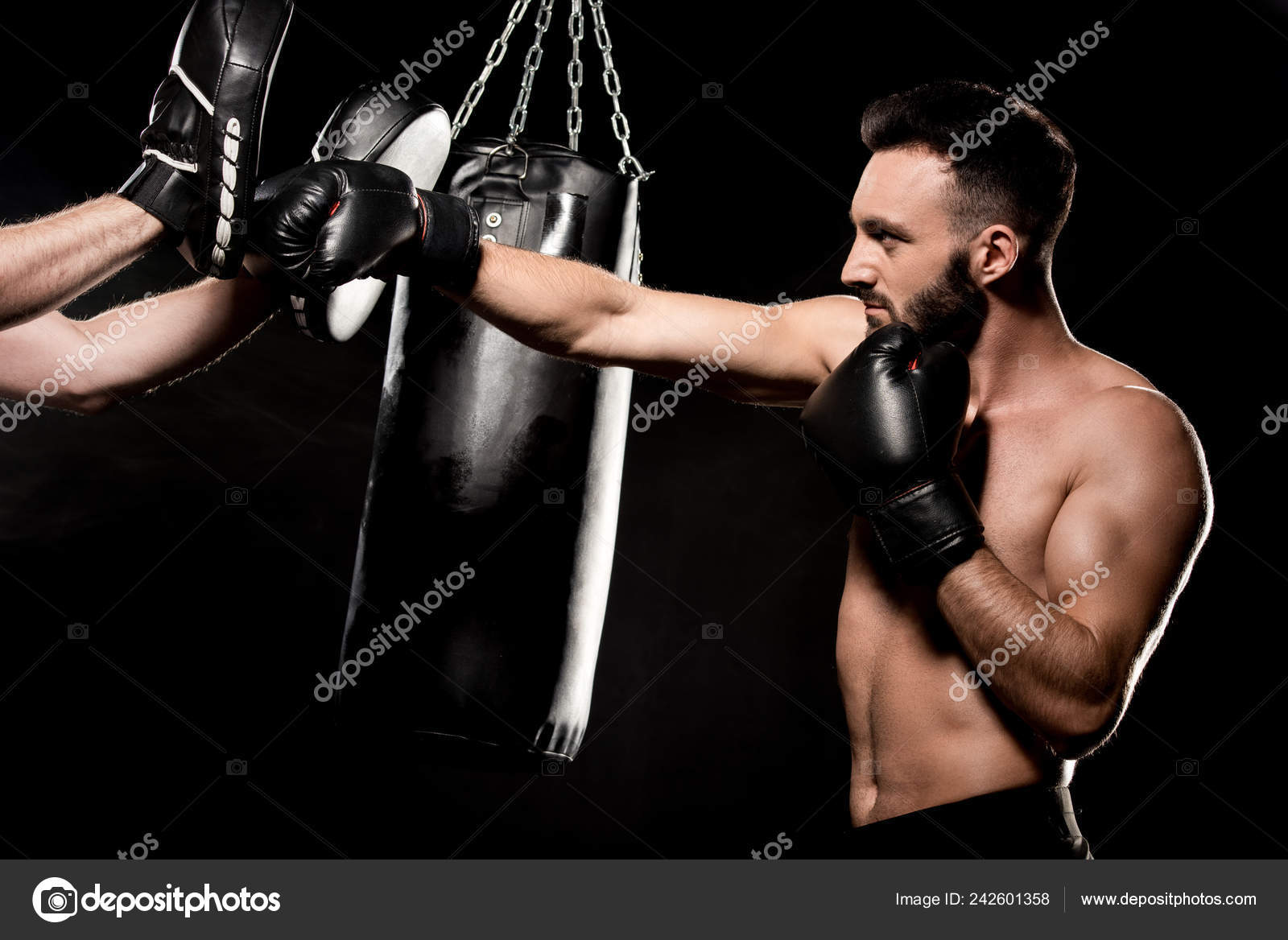 Muscular Boxer Fighting Man Punching Gloves Isolated Black — Stock ...