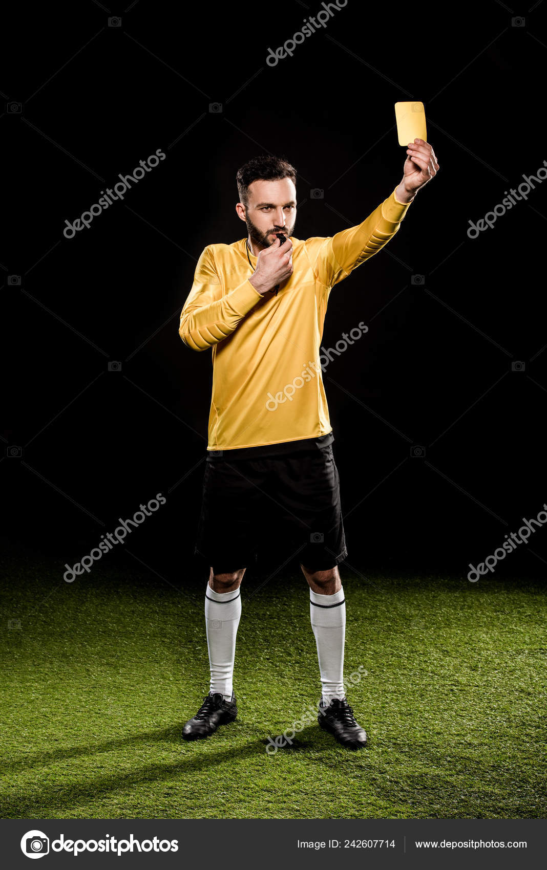 Handsome Referee Standing Grass Showing Yellow Card While Blowing ...