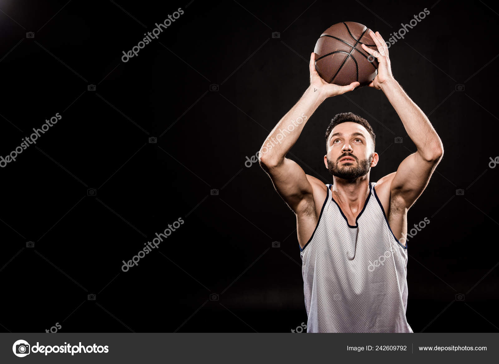 Muscular Basketball Player Throwing Ball Isolated Black — Stock Photo ...