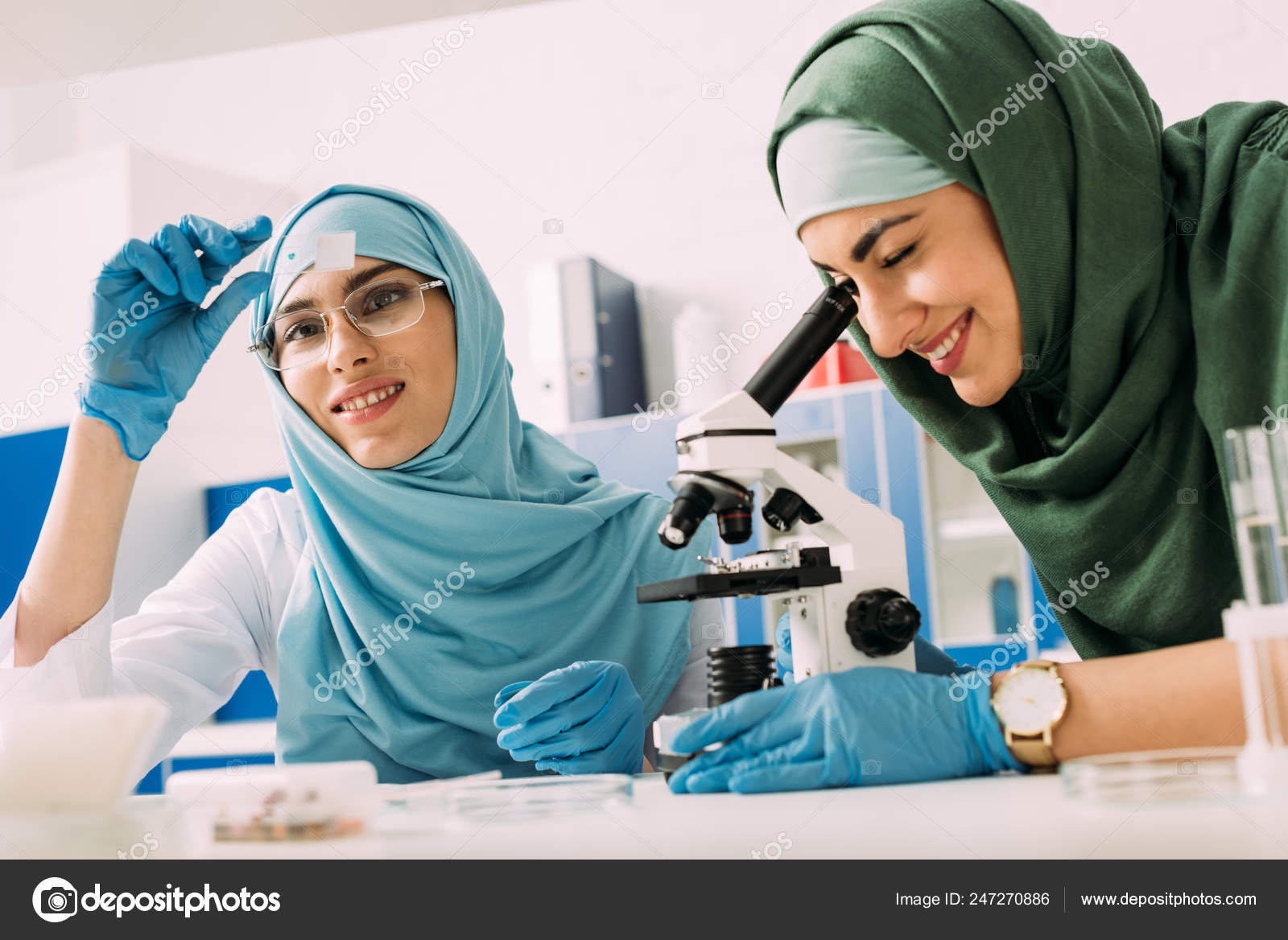Smiling Female Muslim Scientists Microscope Glass Sample Experiment ...