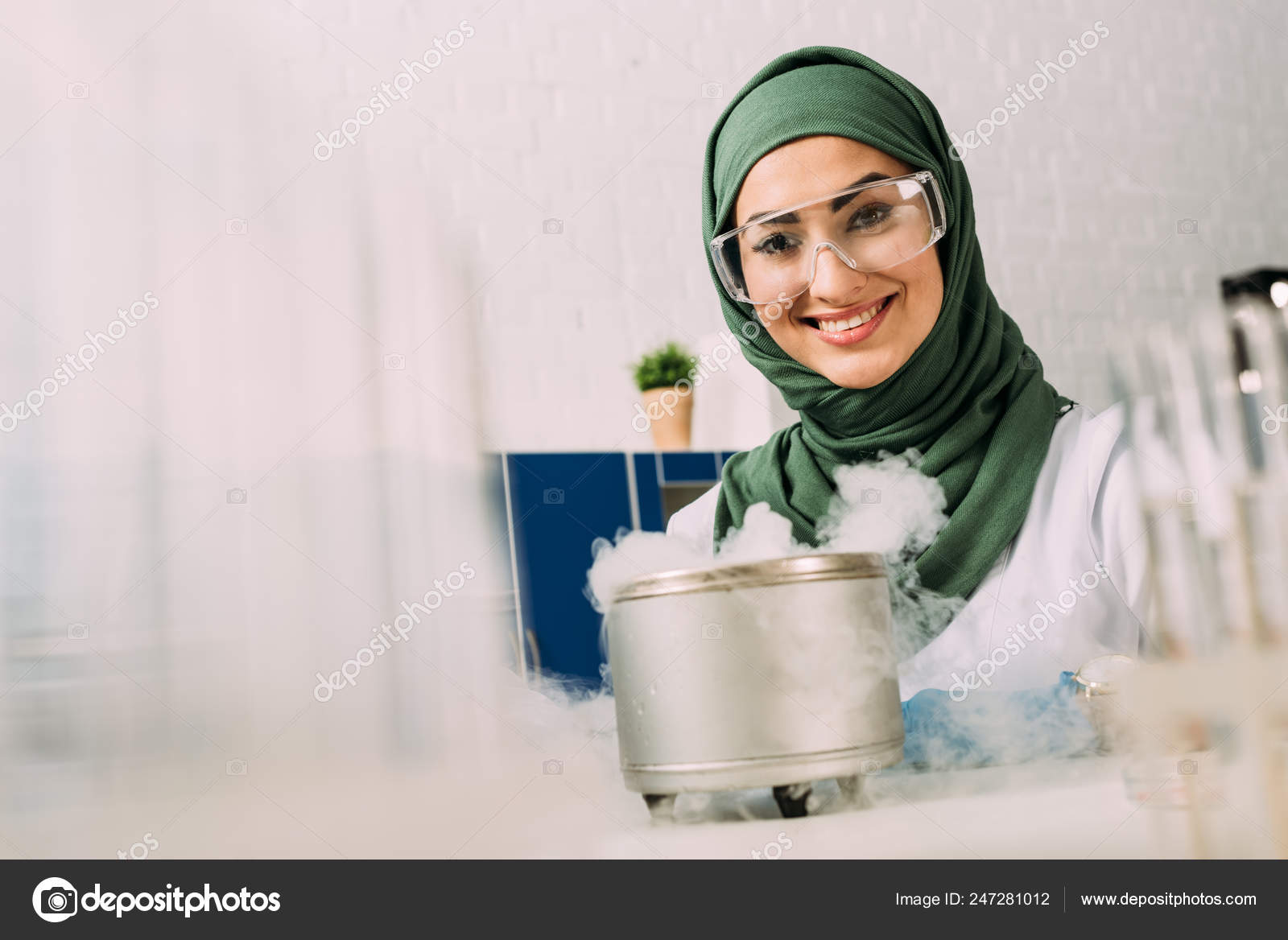 Smiling Female Muslim Scientist Looking Camera Experiment Dry Ice ...