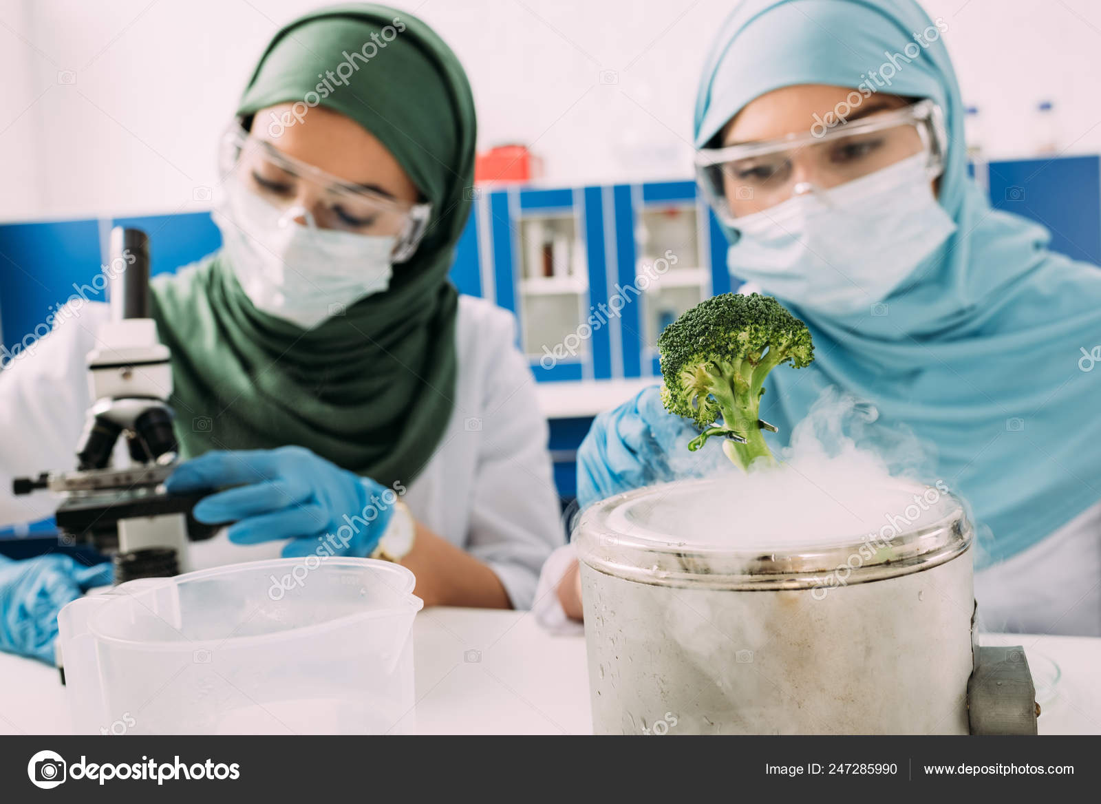Female Muslim Scientists Experimenting Broccoli Dry Ice Chemical ...