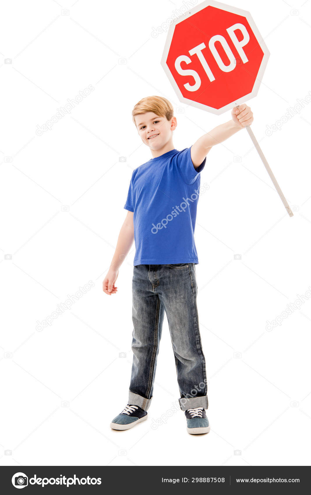 Full Length View Smiling Boy Holding Stop Sign Isolated White — Stock ...