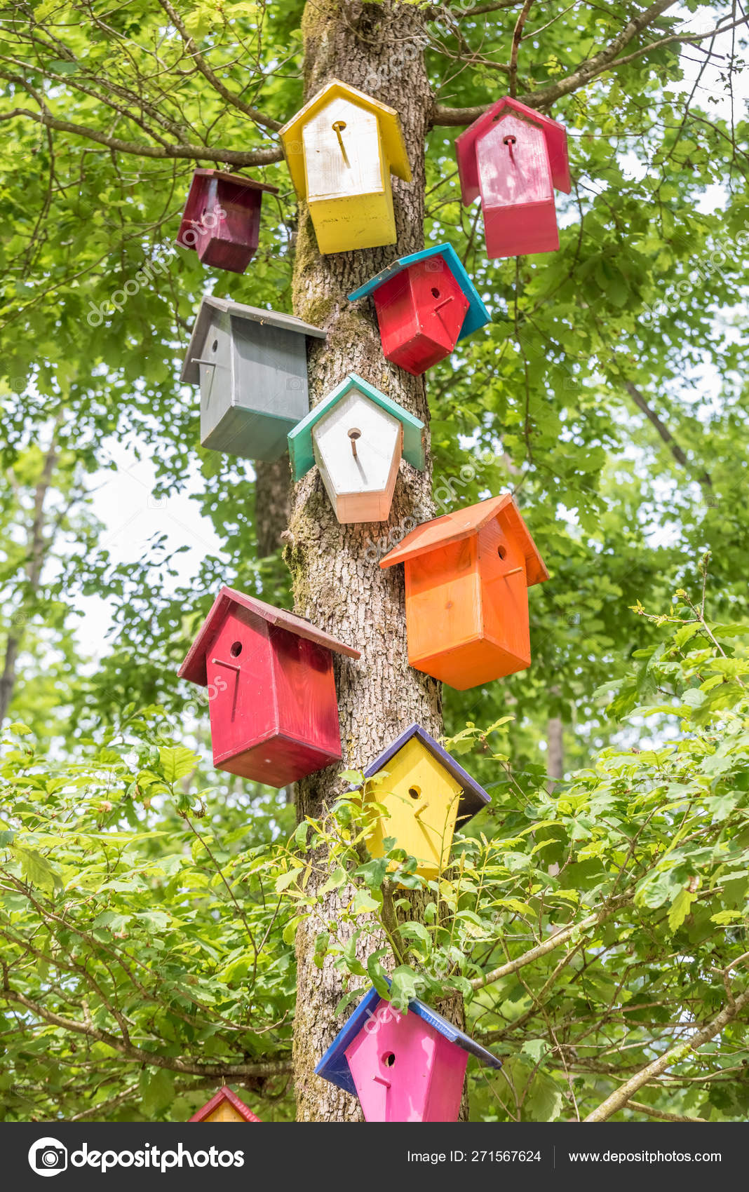 Handmade wooden birdhouse on a tree — Stock Photo © epicimages #271567624
