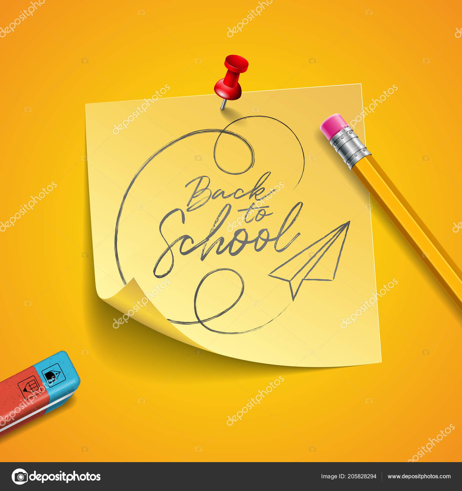 Back to school design with graphite pencil, eraser and sticky notes on ...