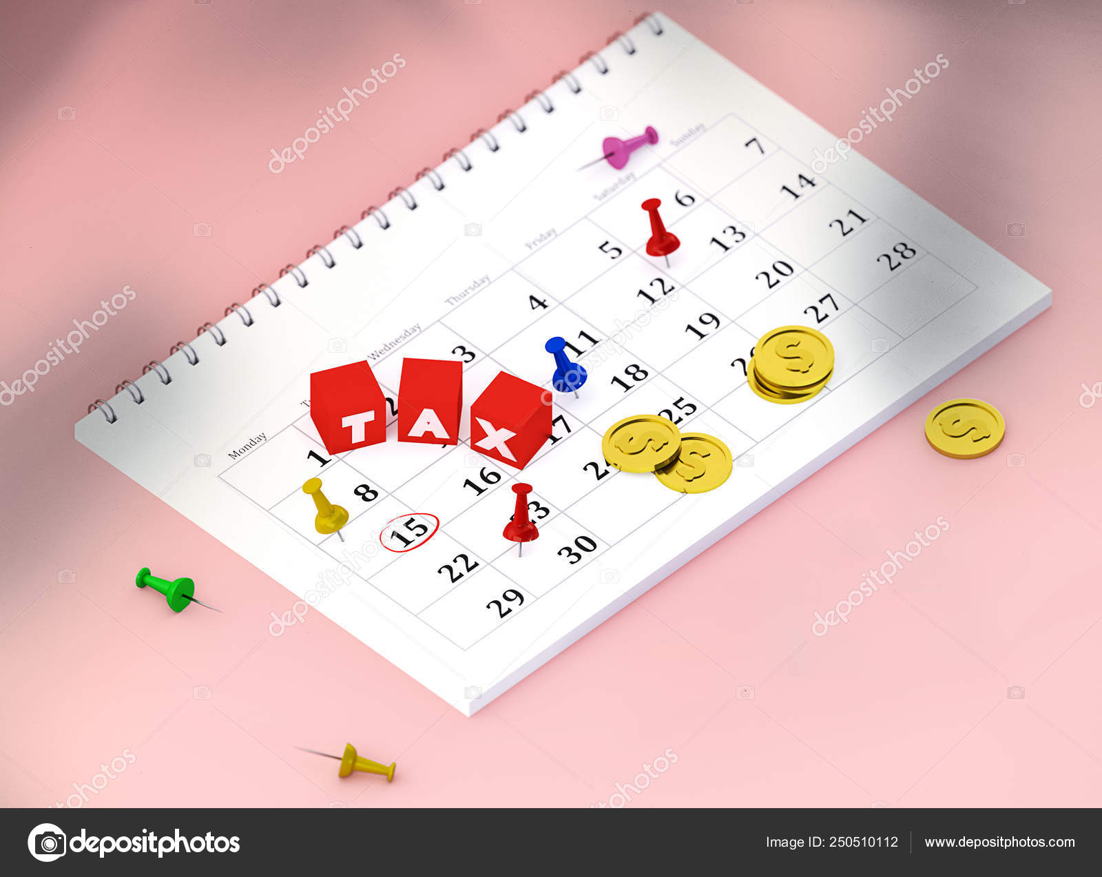 Concept image of 15 april calendar with pins and gold coins and cubes ...