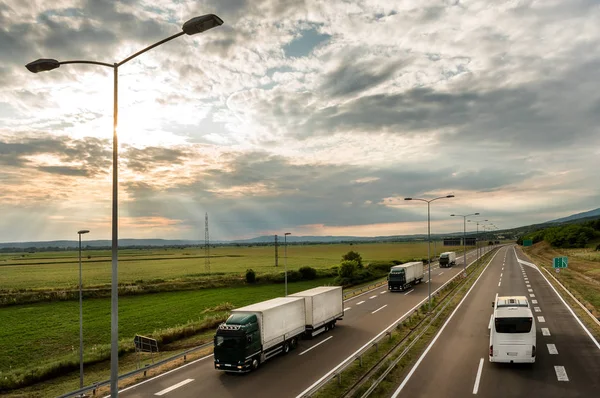 Caravan Convoy Blue Lorry Trucks Line Country Highway — Stock Photo ...