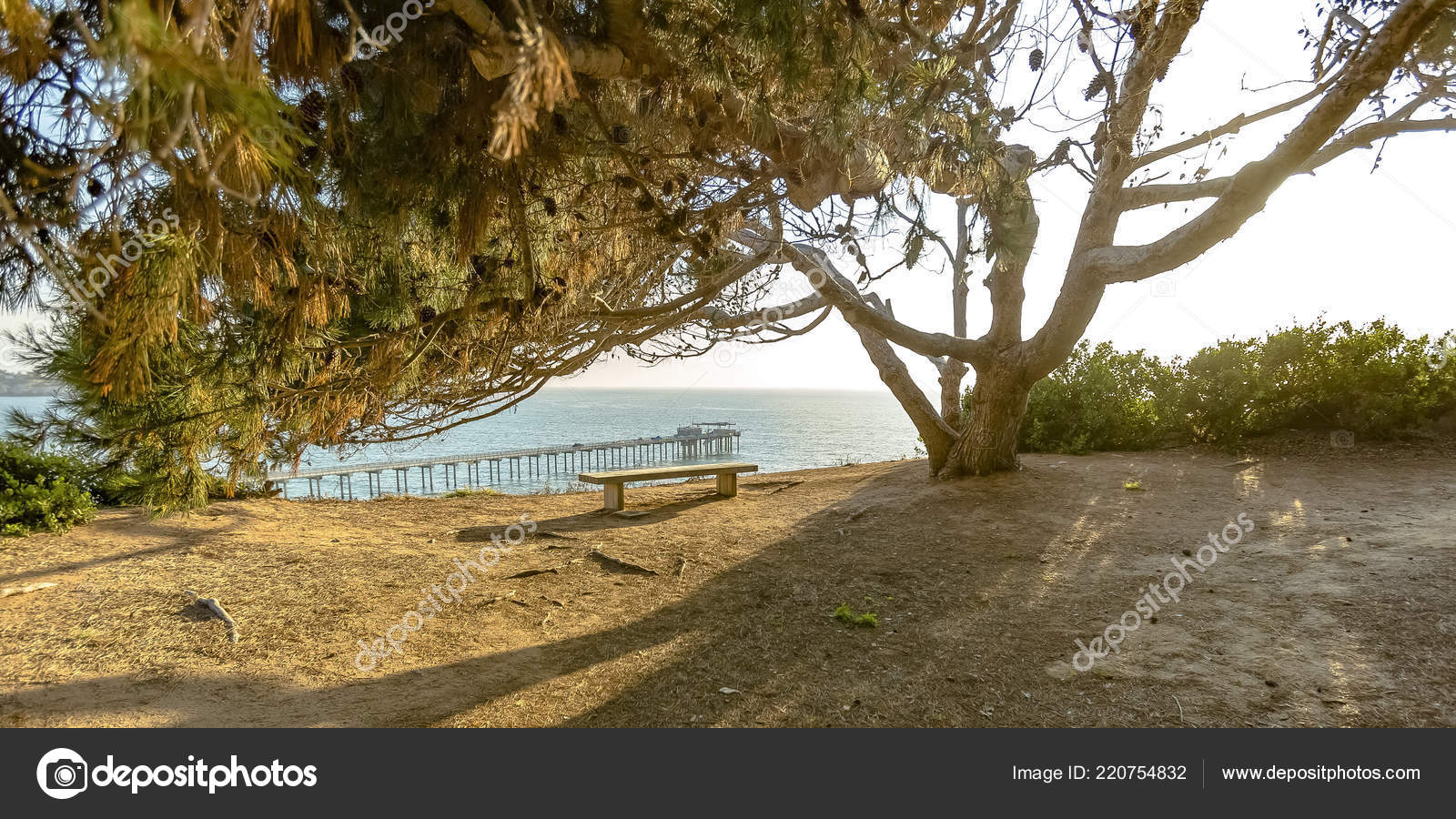 Sunlit bench with a scenic view of Scripps Pier — Stock Photo ...