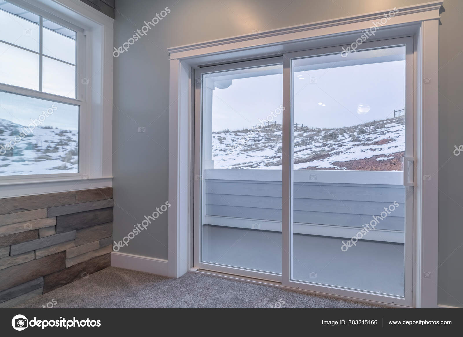 View through glass balcony doors of snow in winter Stock Photo by ...