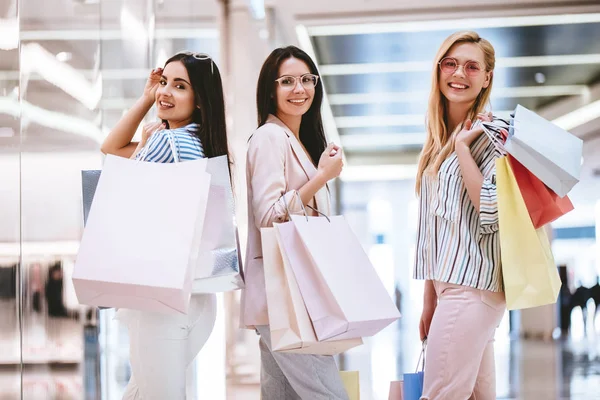 Three Attractive Young Girls Doing Shopping Shopping Bags Modern Mall ...