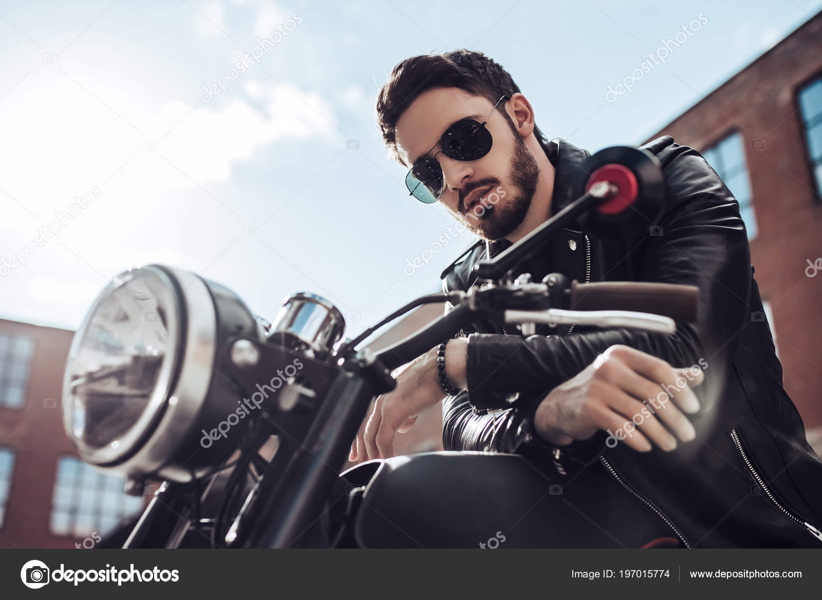 Handsome Bearded Biker Classic Style Black Motorcycle Cafe Racer Stock ...