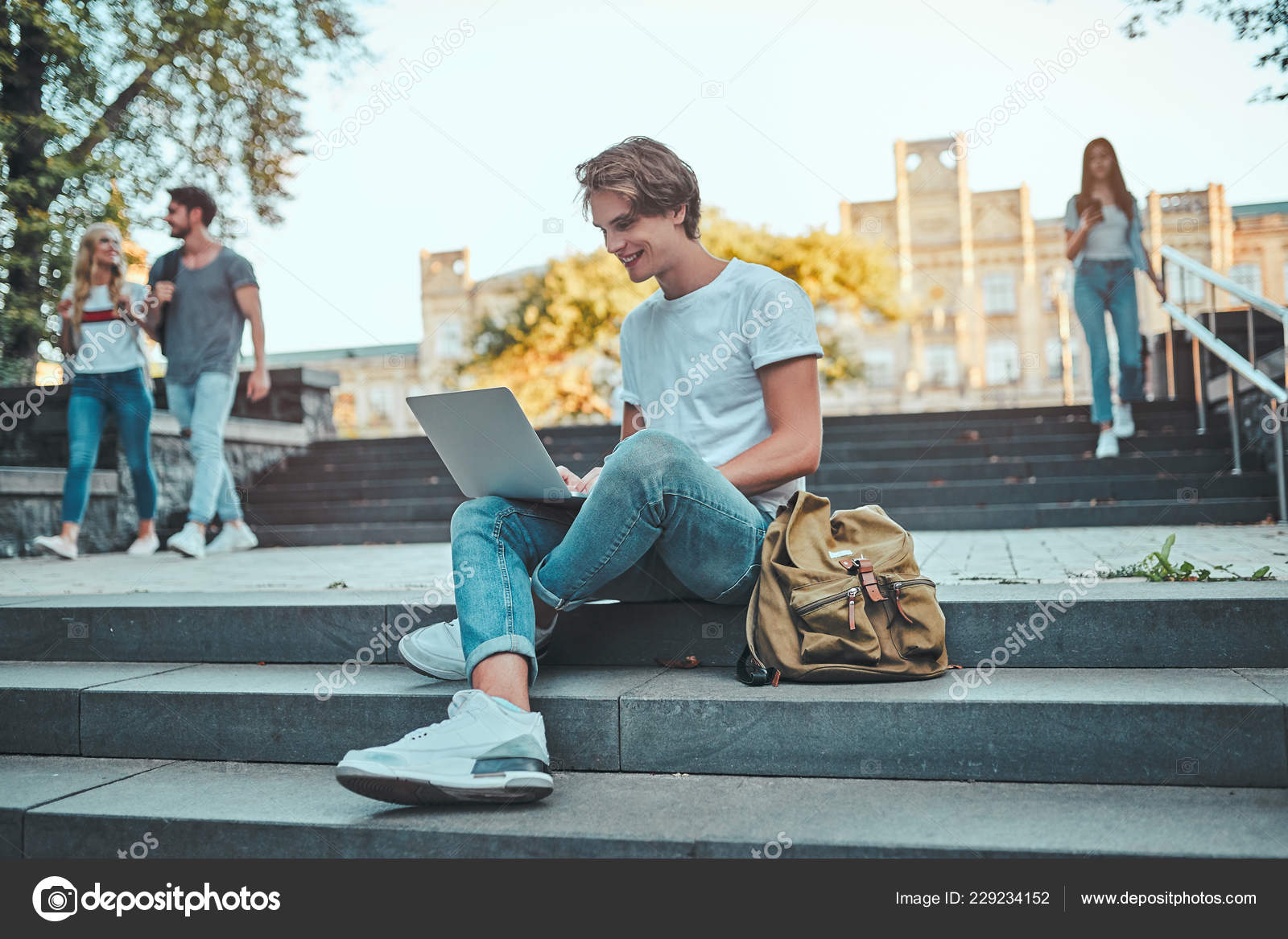 Group Young People Studying Together University Students Outdoors ...