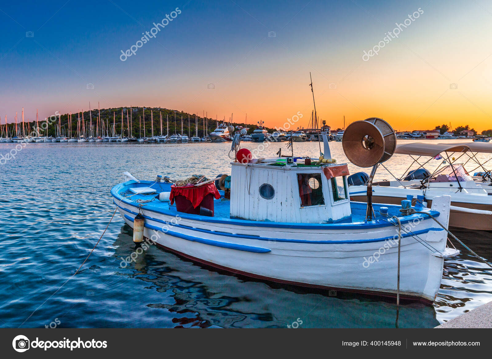 Old Fishing Boat Harbor Sunset Sea Bay Rogoznica Village Popular ...