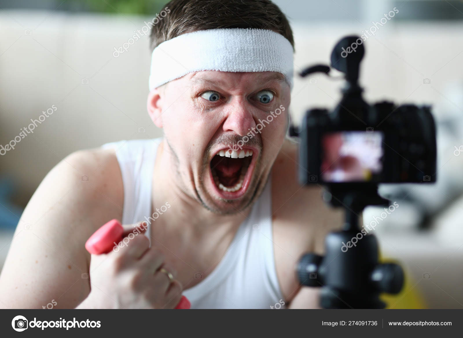 Screaming Man Holding Dumbbell Record on Camera — Stock Photo ...