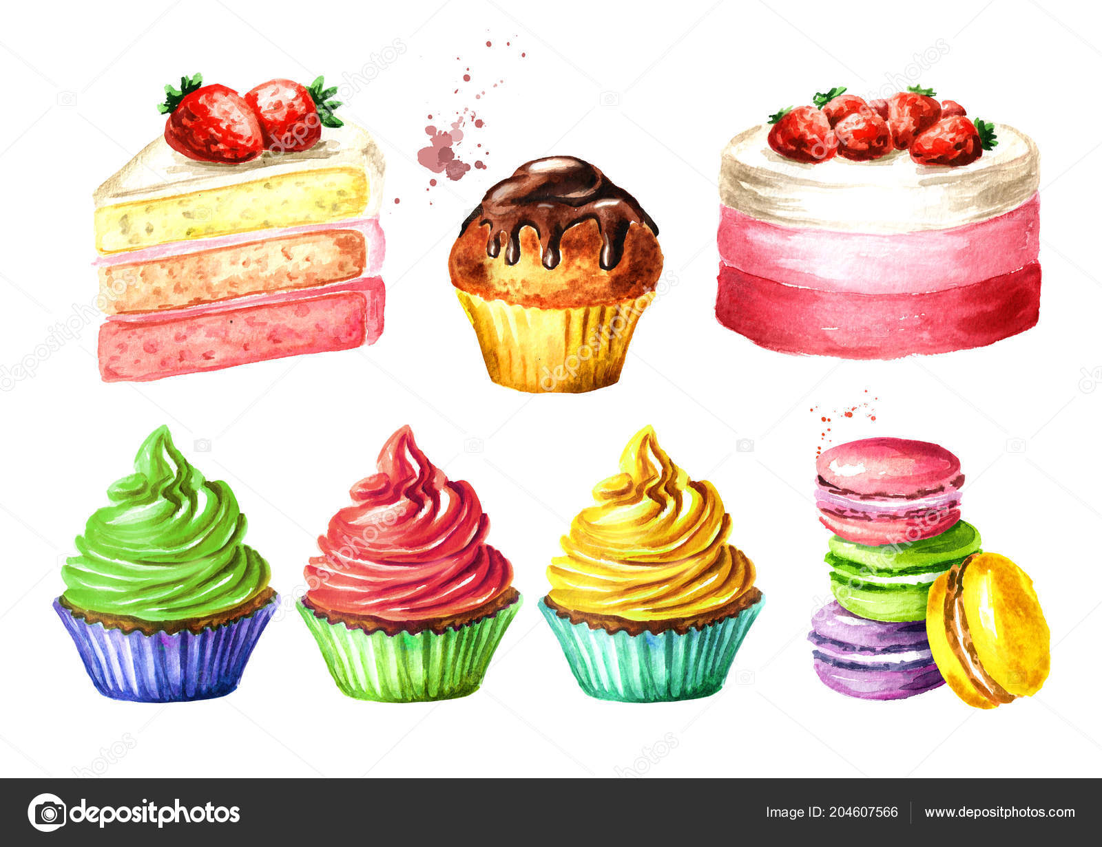 Birthday Sweets Set Watercolor Hand Drawn Illustration Isolated White ...