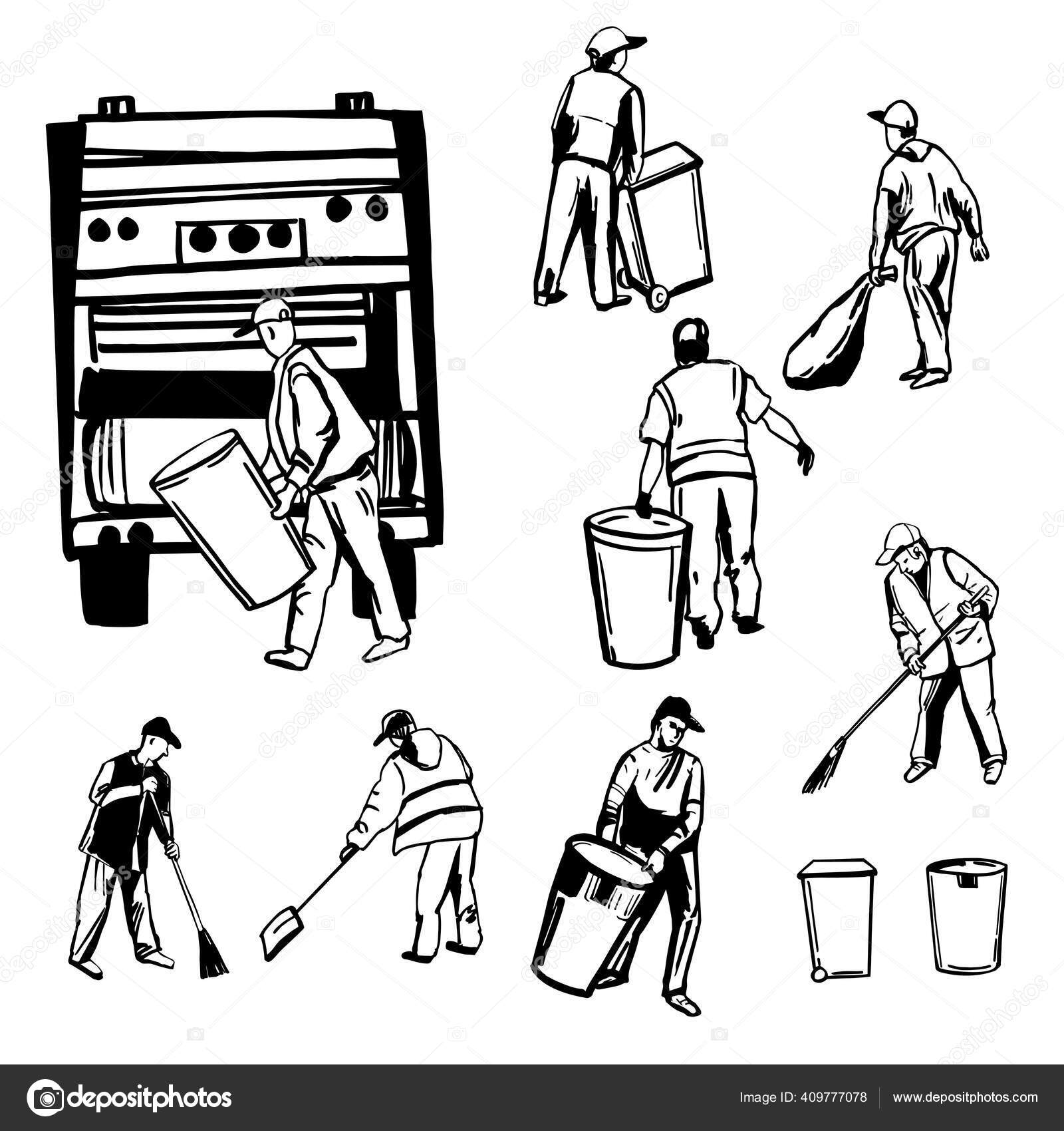 Hand Drawn City Street Cleaners Sanitation Workers Vector Sketch ...