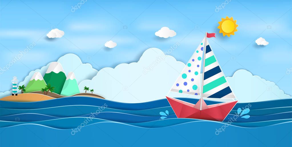 Velero de papel navegando en el océano. Y una vista de la naturaleza ...