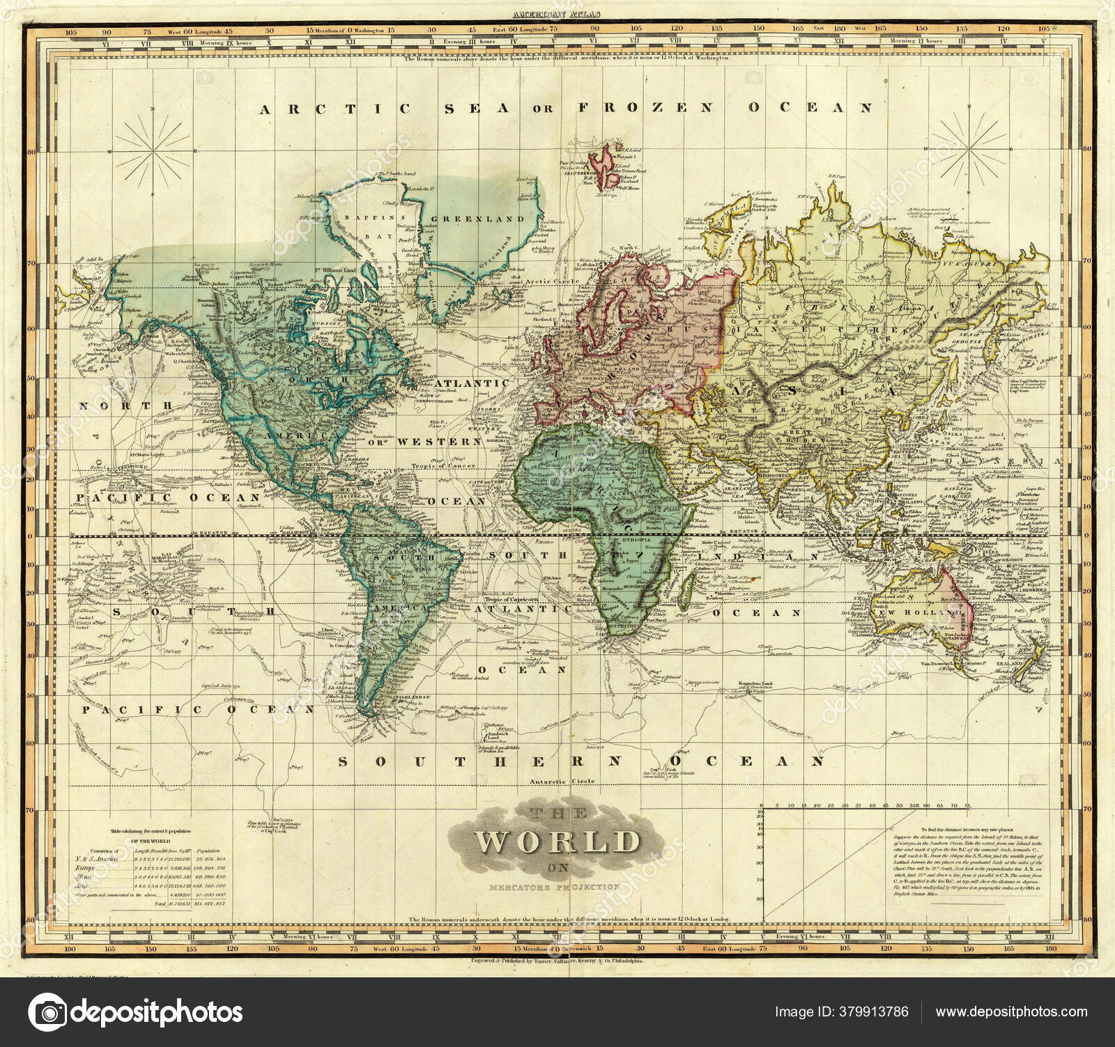 Vintage world map with continents and islands. Geographic retro world ...