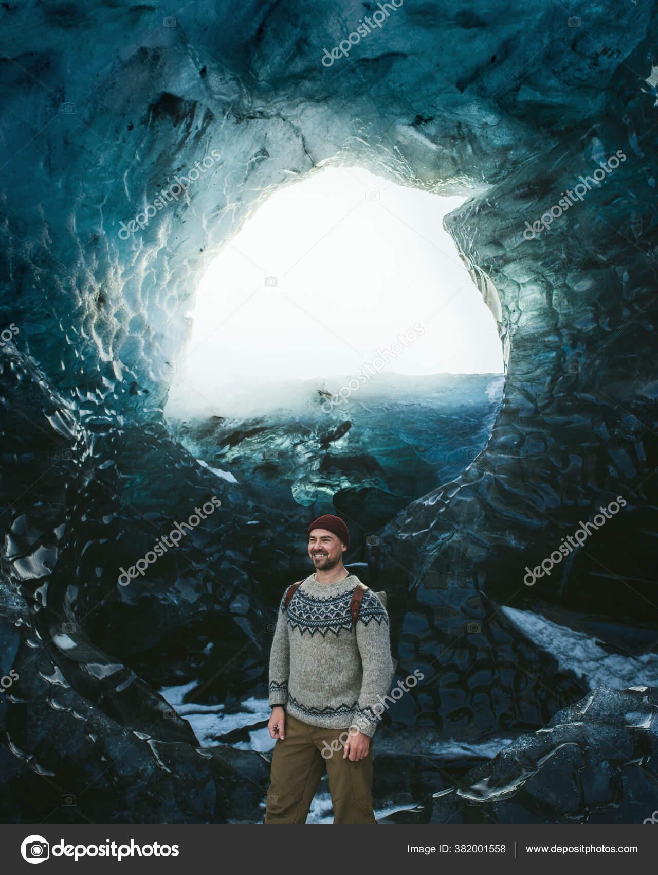 Traveler Backpack Ice Cave Man Standing Glacier Vatnajokull Iceland ...