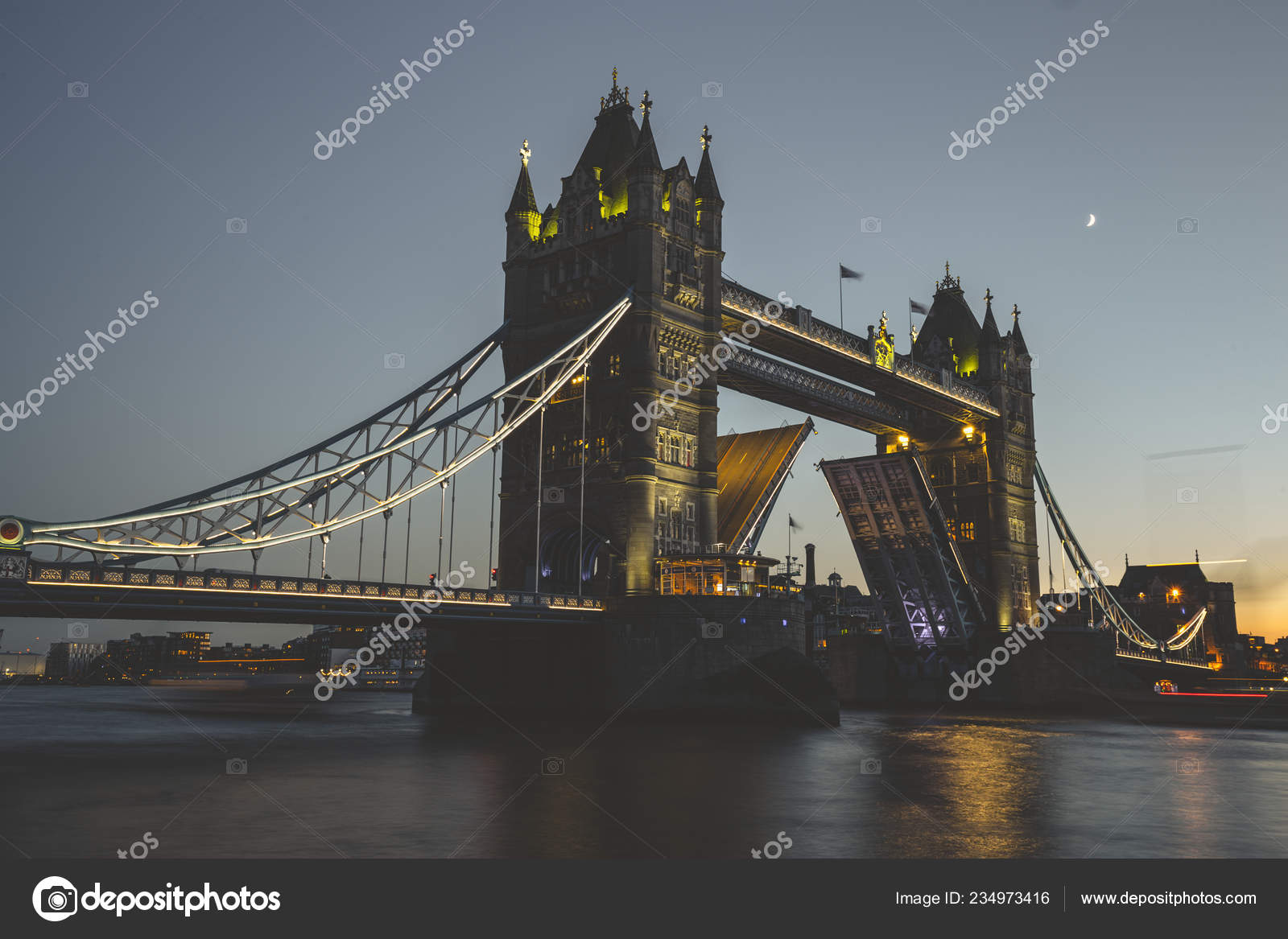 Tower Bridge Drawbridge Raised Sunset River Thames London City Skyline ...