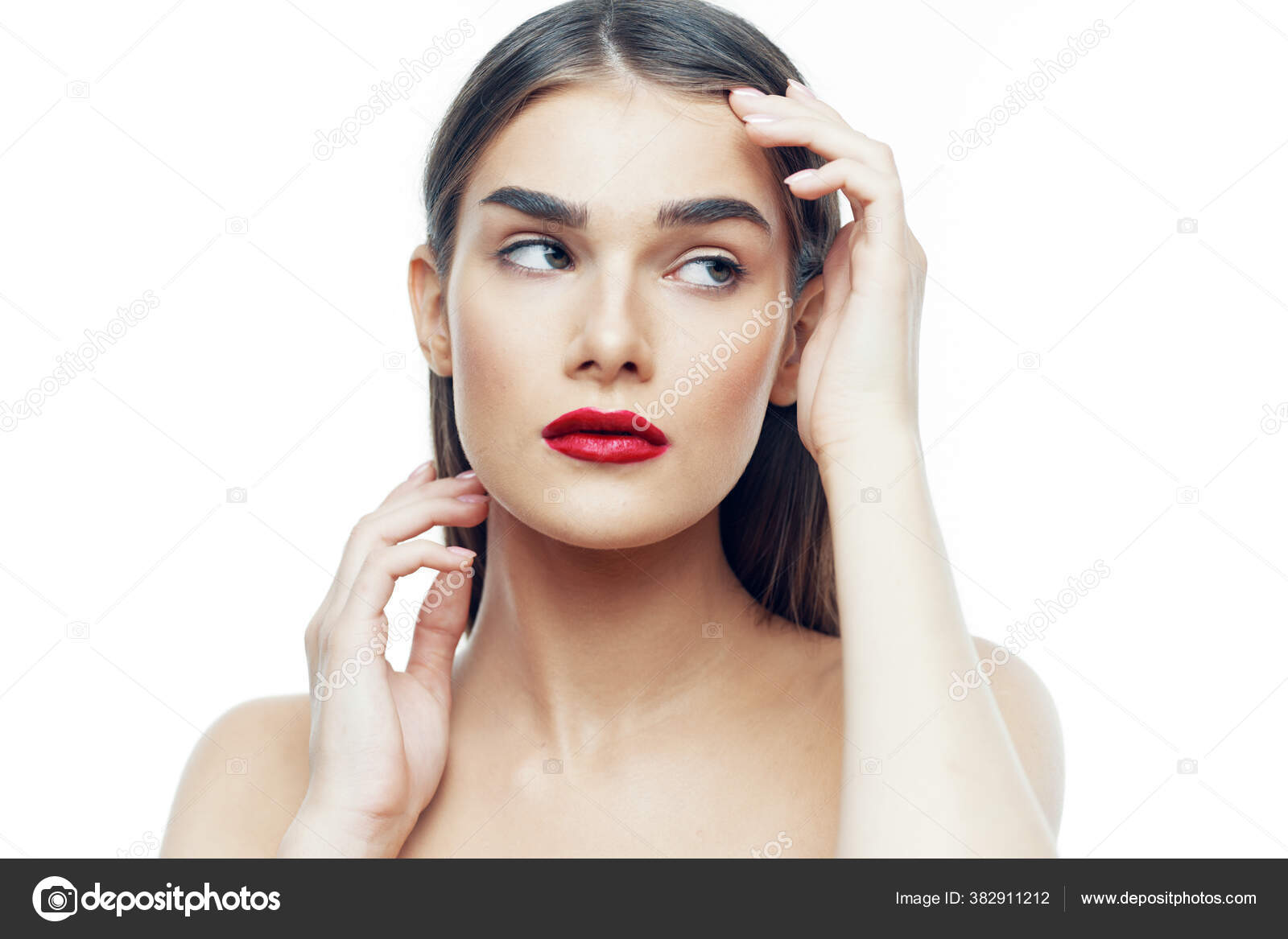Portrait Young Beautiful Woman Red Lipstick Her Lips Beauty Fashion