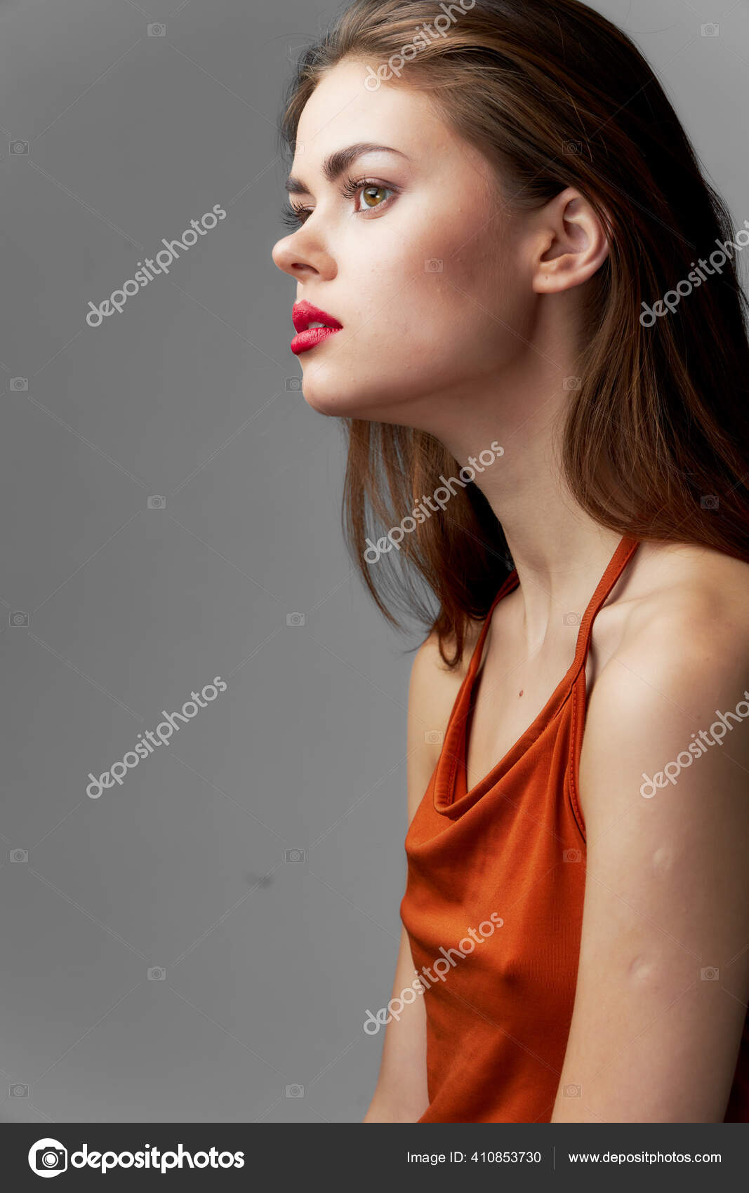 Beautiful woman side view red lipstick cosmetics luxury Stock Photo by ...