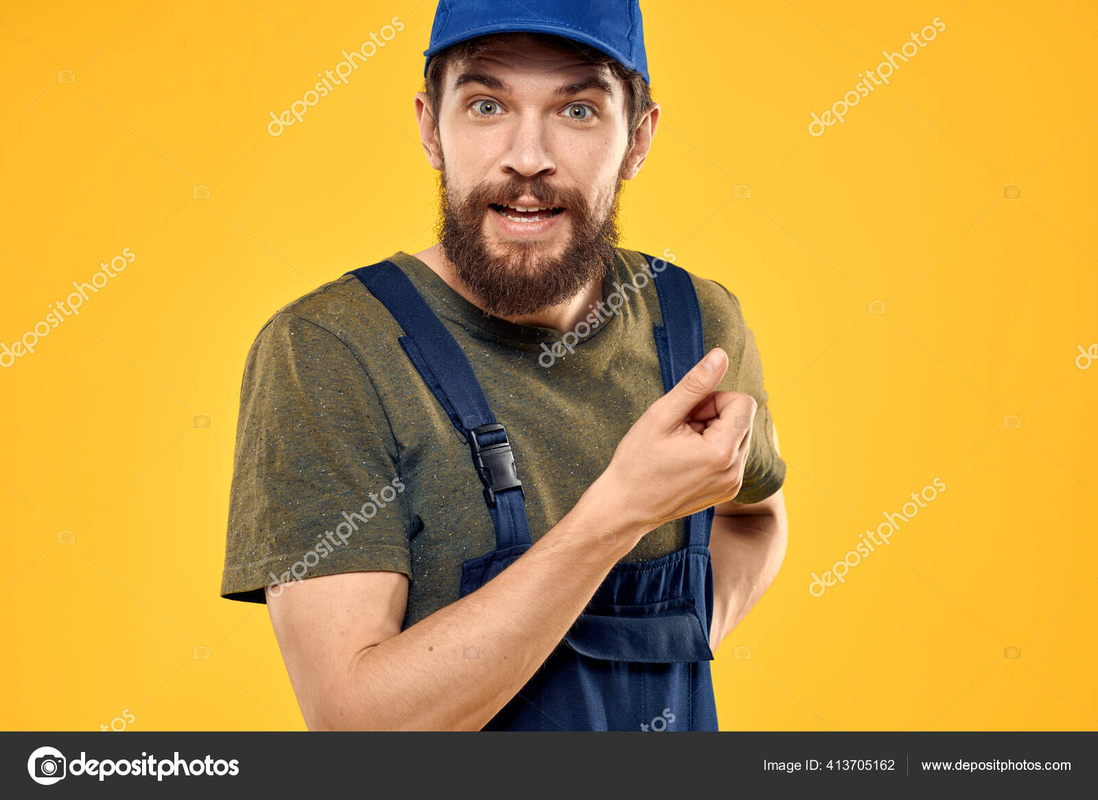 Worker man in uniform worker service yellow background emotion — Stock ...
