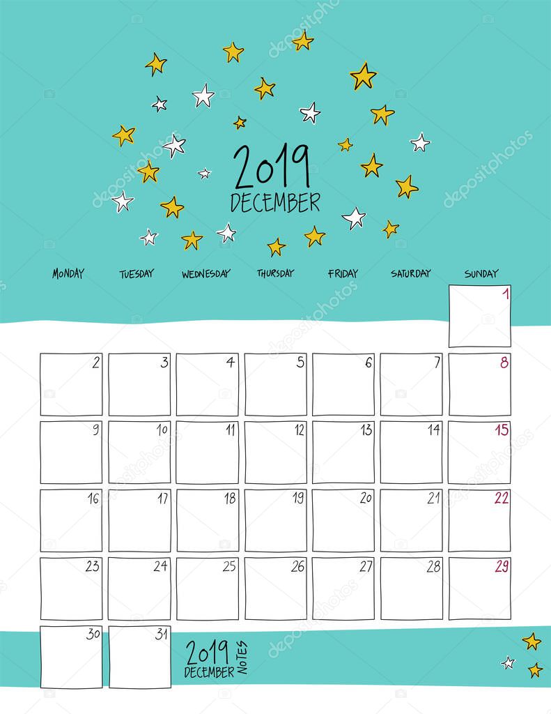 Calendario mural diciembre 2019. Plantilla vertical colorido bosquejo ...