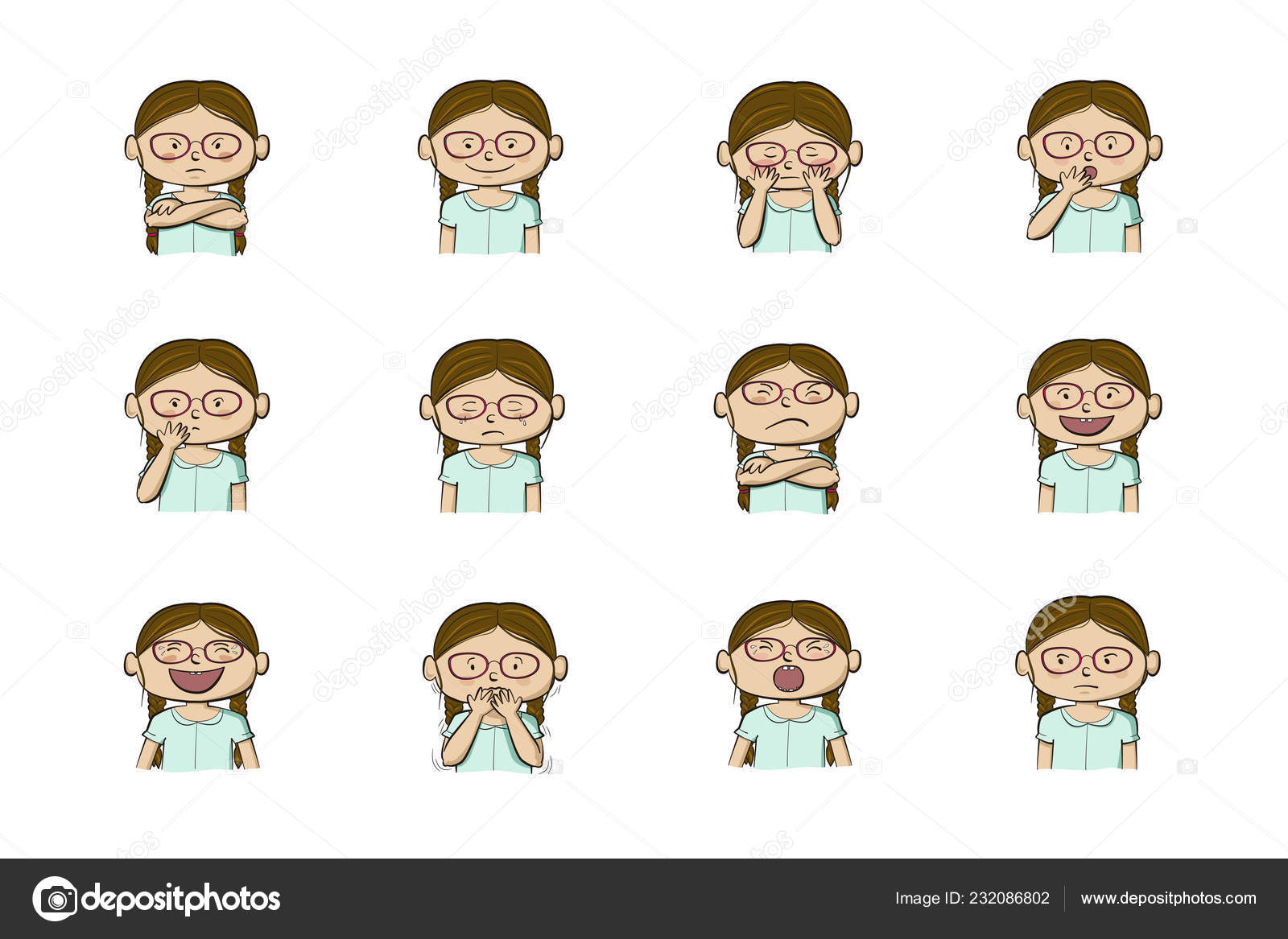 Little Girl Showing Different Emotions Collection Hand Drawn Colorful ...