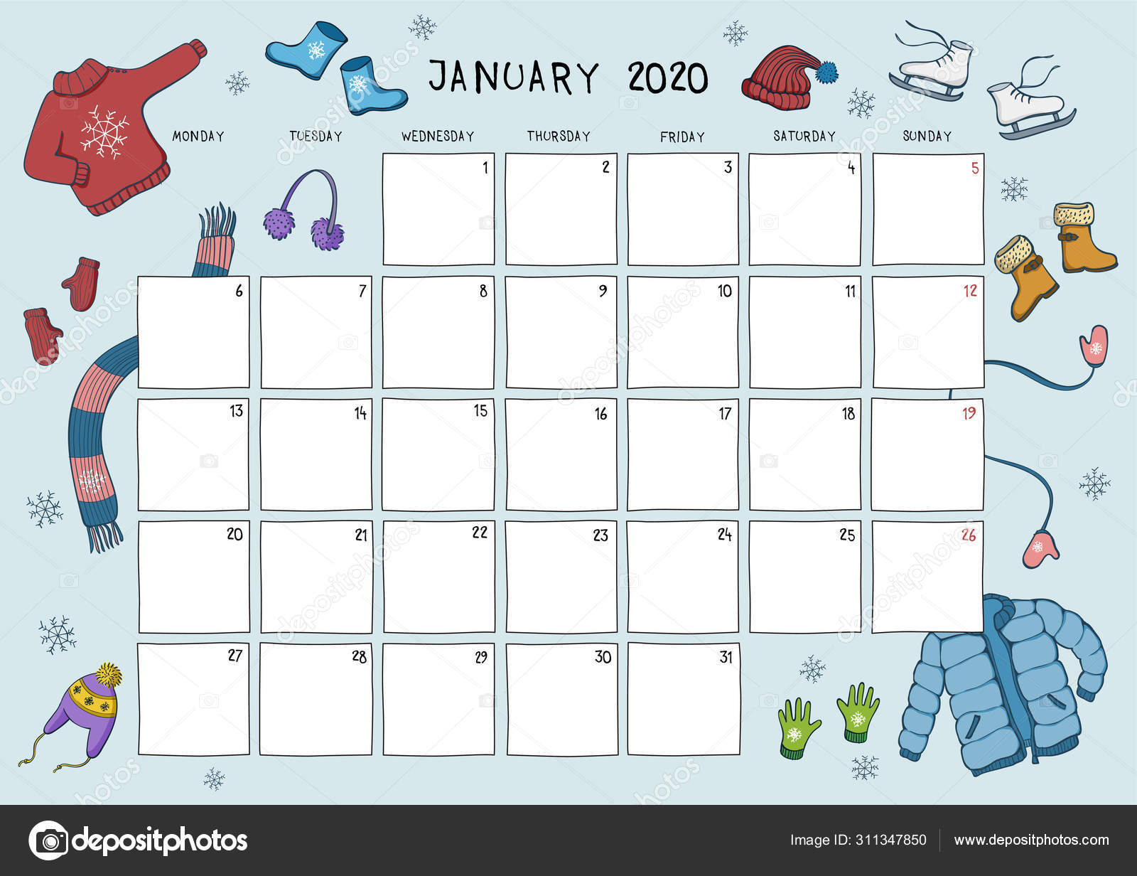 Cute calendar and planner for January 2020. Blue background with ...