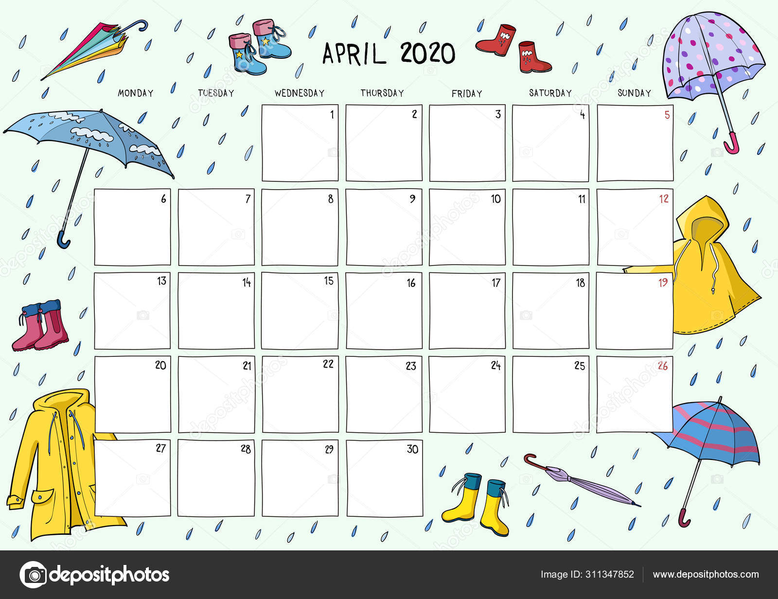 Cute calendar and planner for April 2019. Blue background with colorful ...