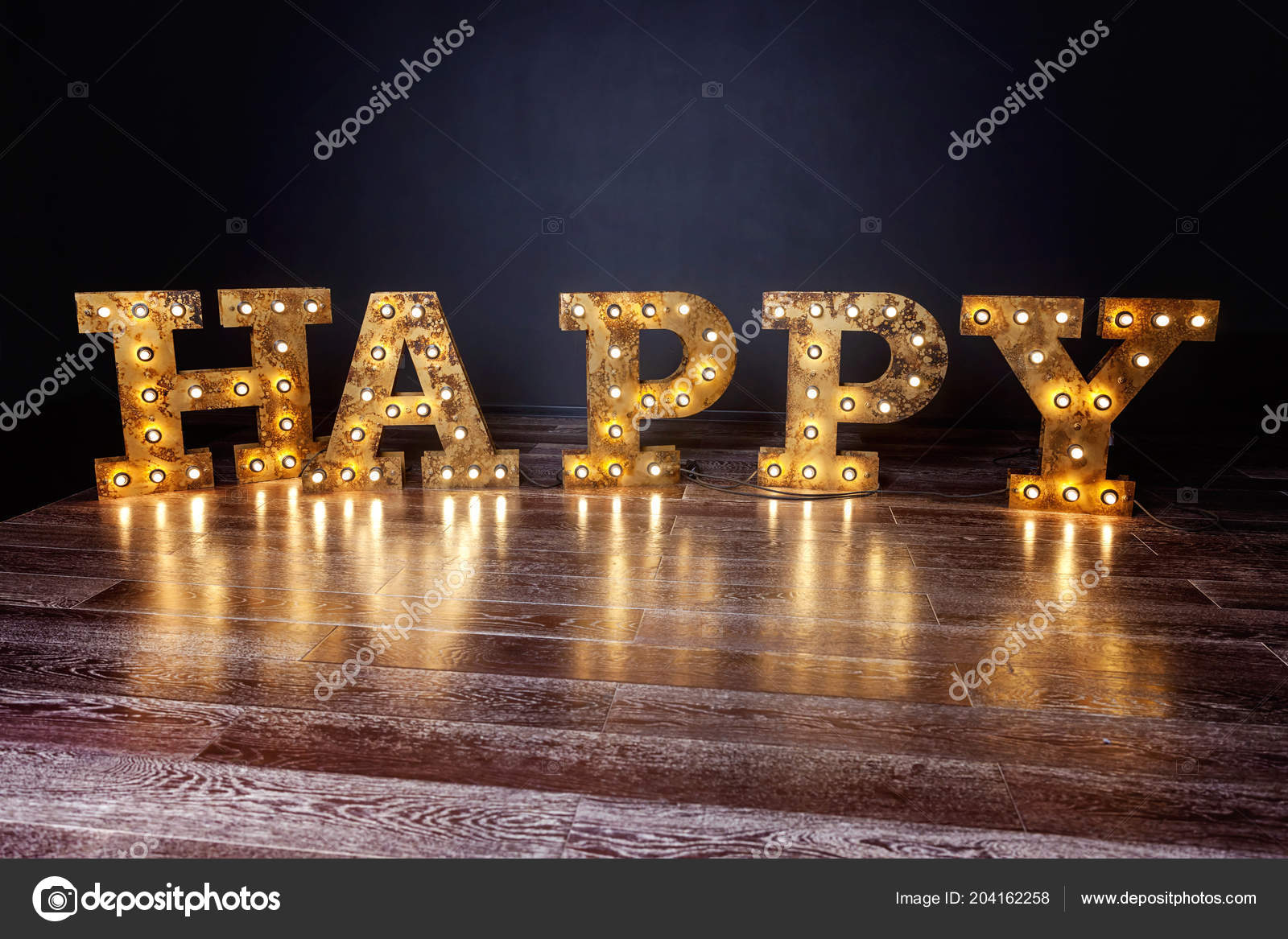 Happy Letters Word Glowing Light Retro Bulbs Standing Floor — Stock ...