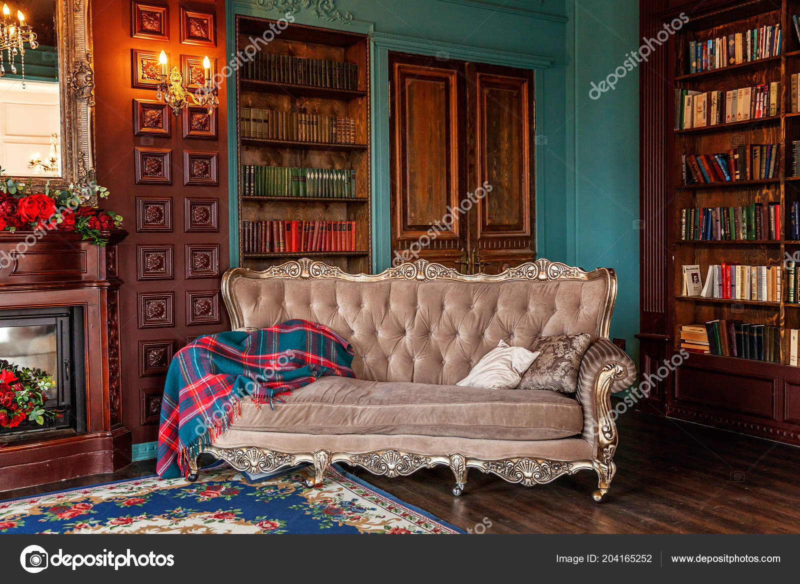 Luxury Classic Interior Home Library Sitting Room Bookshelf Books Arm ...