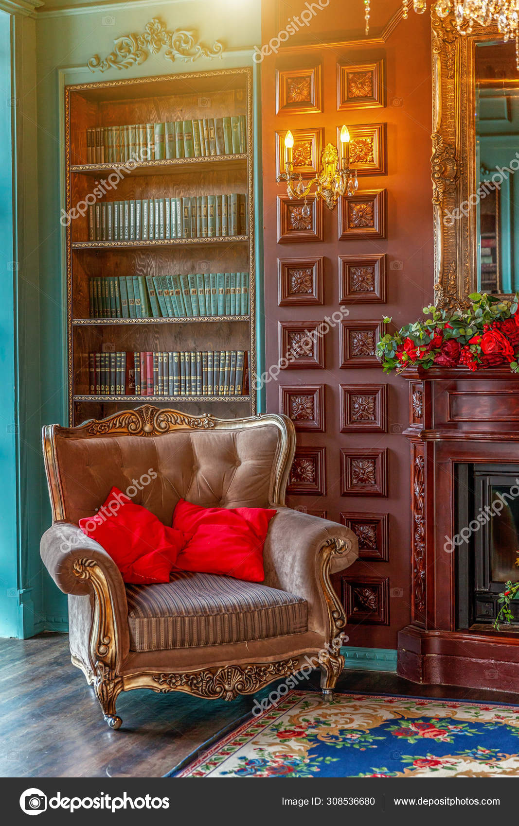 Luxury Home Libraries With Fireplace Livingroom Backdrop For