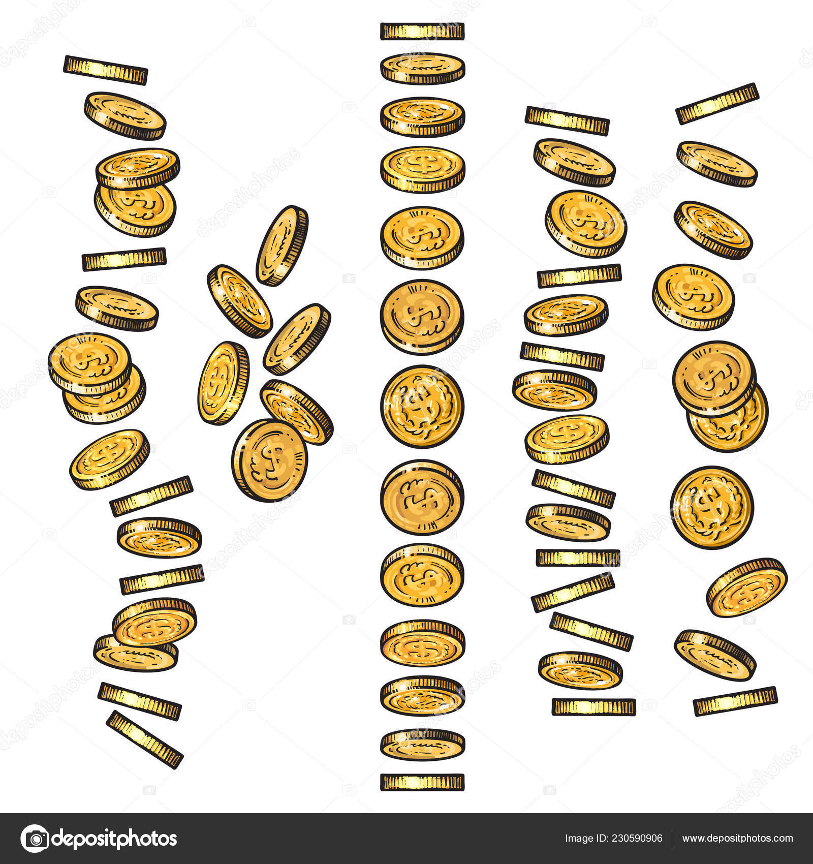 Set of gold coins falling in different perspective, angles, directions ...