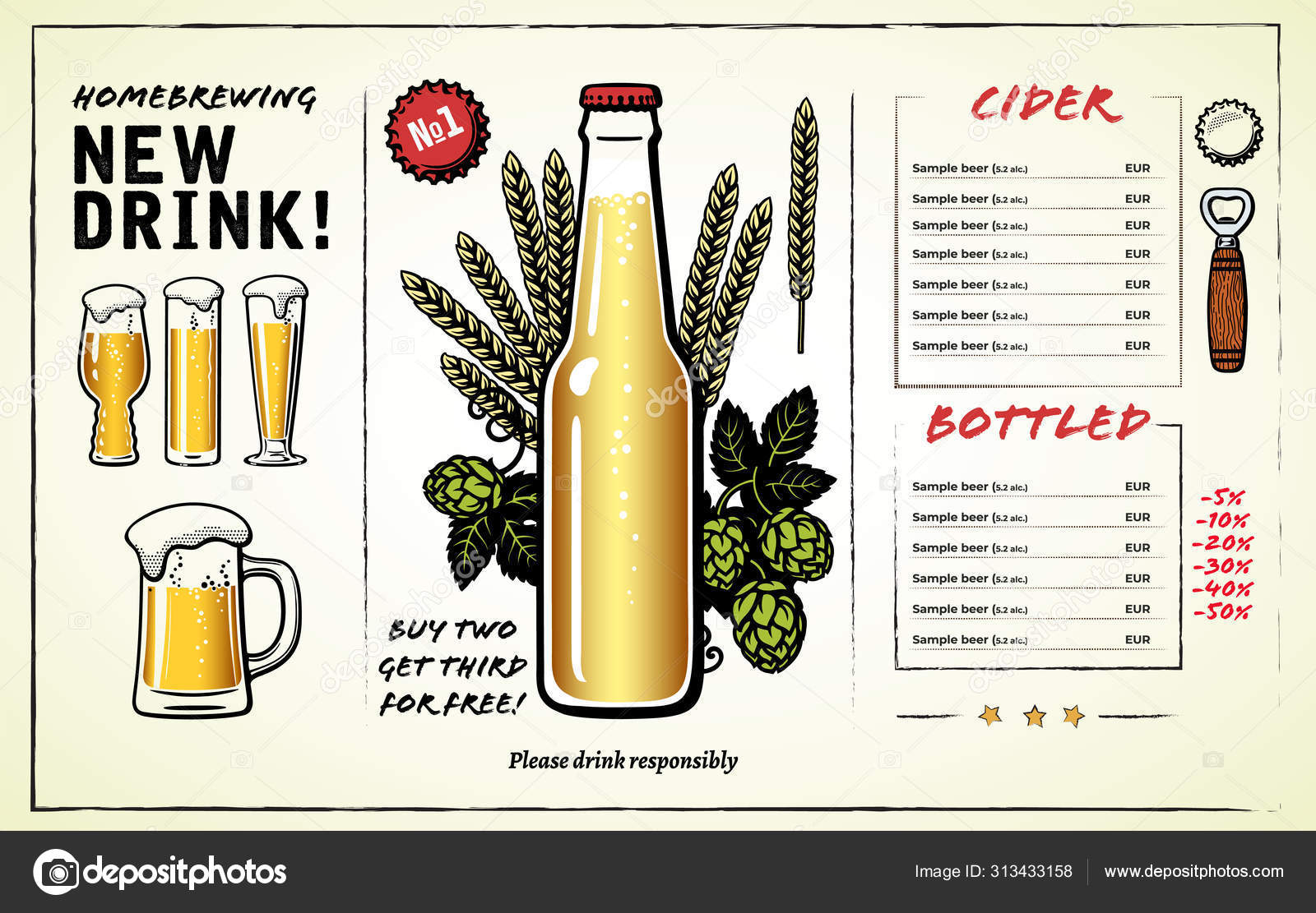 Beer menu design with a bottle of beer in center, alcohol card design ...
