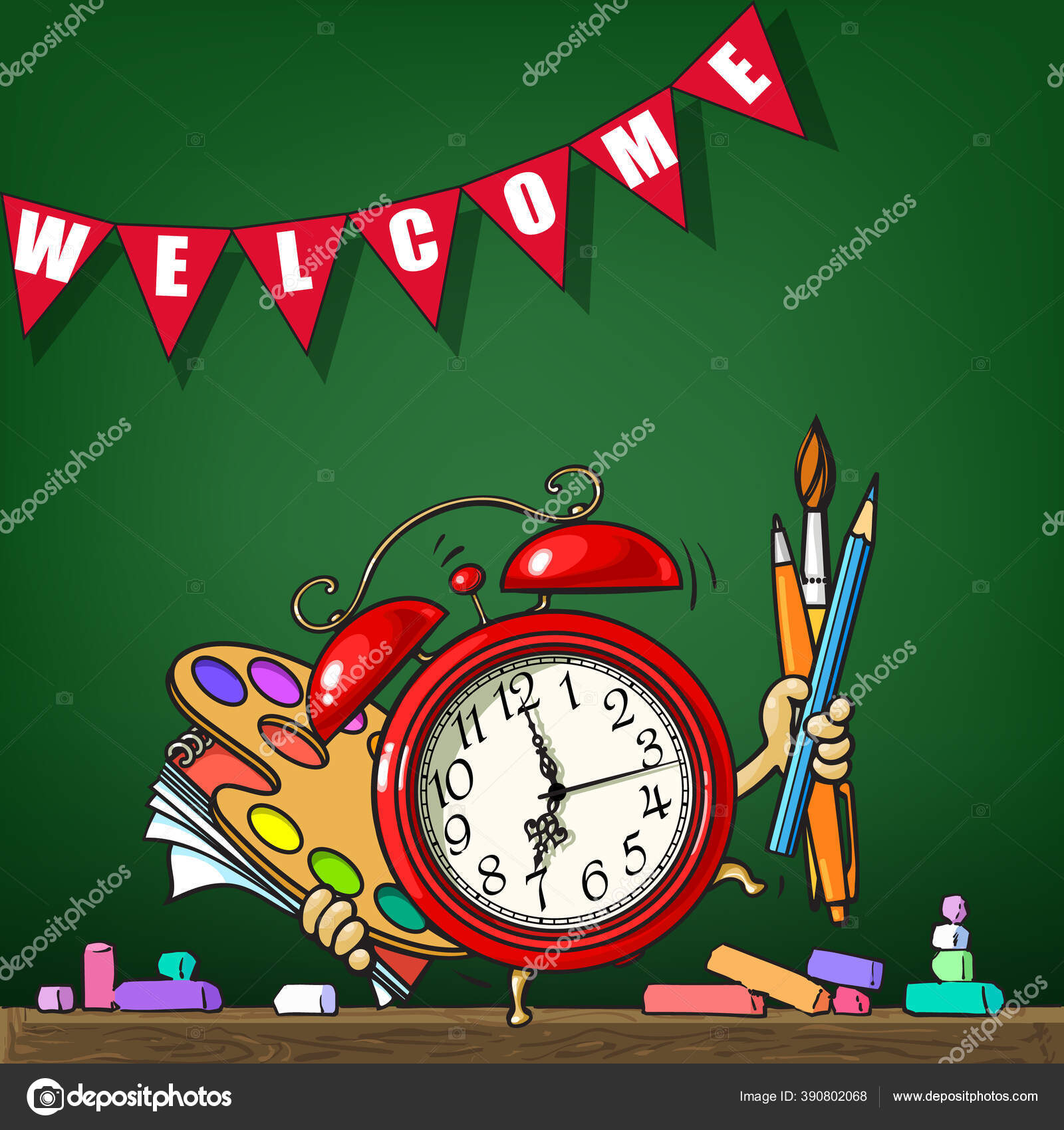 Cartoon alarm clock with school supplies on schoolboard background ...