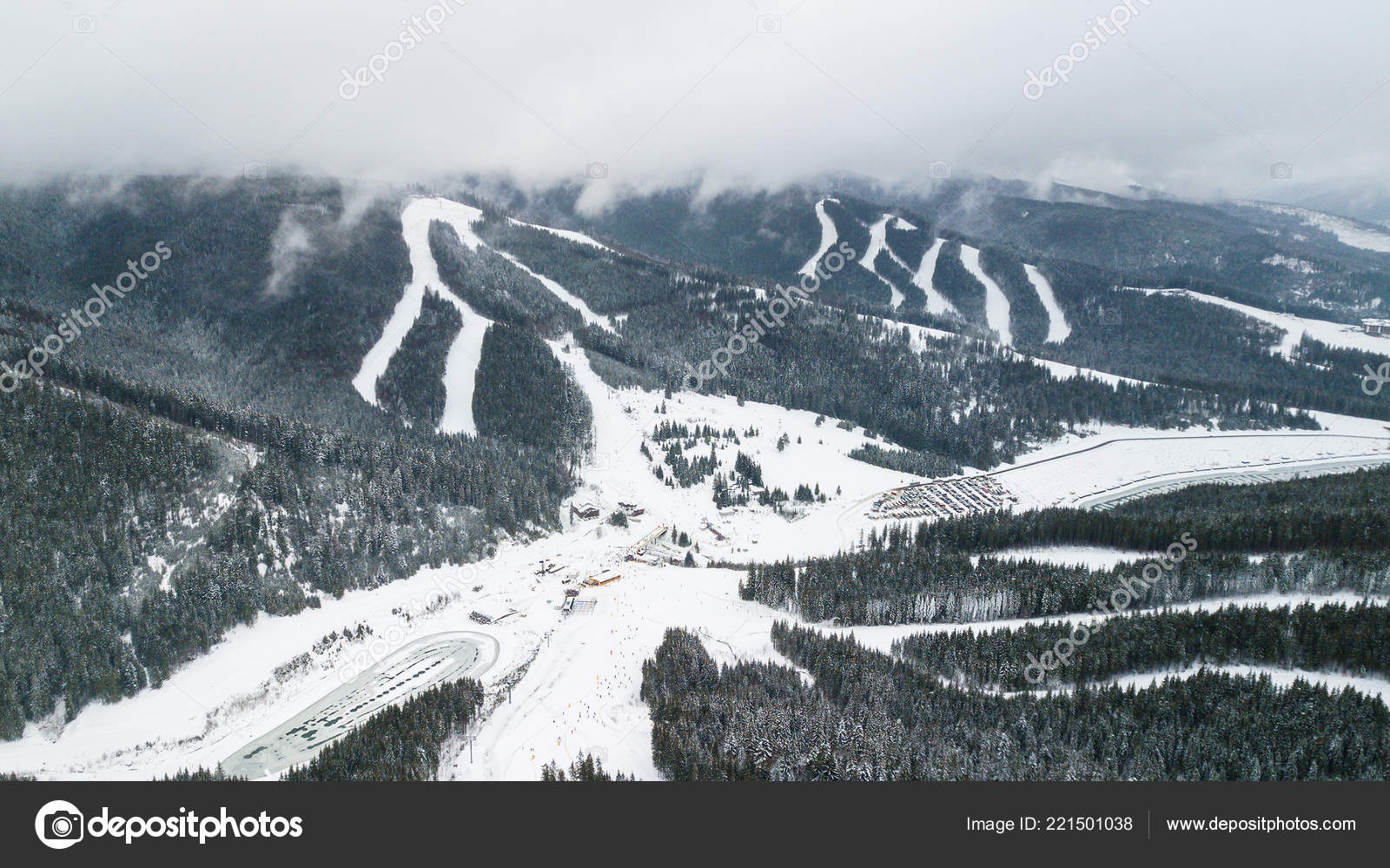 Aerial View Ski Slope Mountains Skiers Ride — Stock Photo © lolik4ever ...