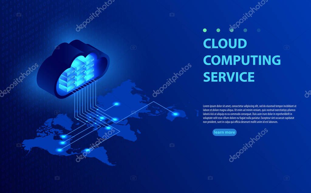 Ilustración isométrica de vectores que muestra la computación en nube conceptual. Desde la nube ...