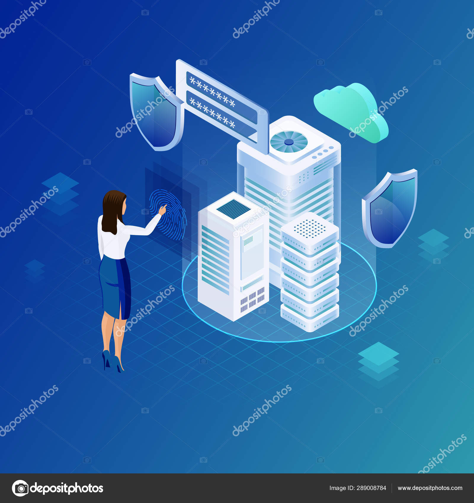 Data protection, hosting net or database concept. Business woman ...