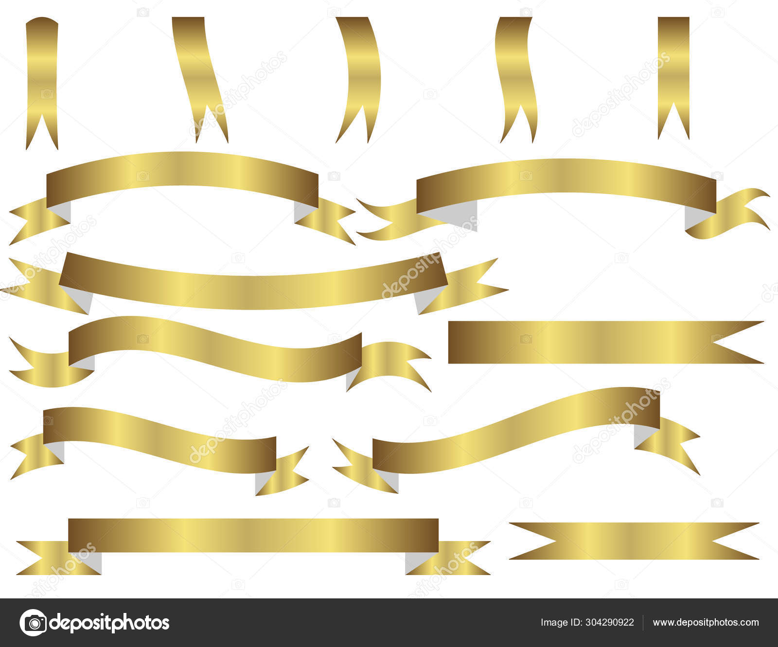 Set flat gold decorative ribbons. Realistic 3d gold glossy decorative ...
