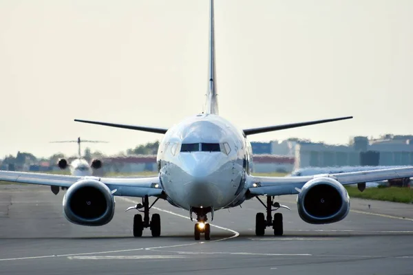 Airplane ready to take off from runway. A big passenger or cargo ...