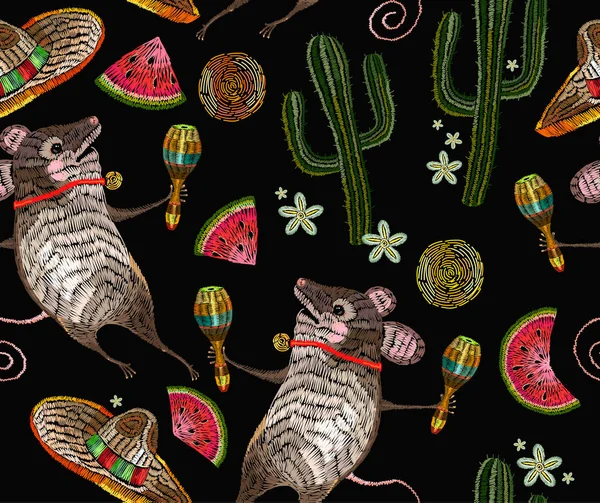 Embroidery Little Mouse Mexican Culture Seamless Pattern White ...