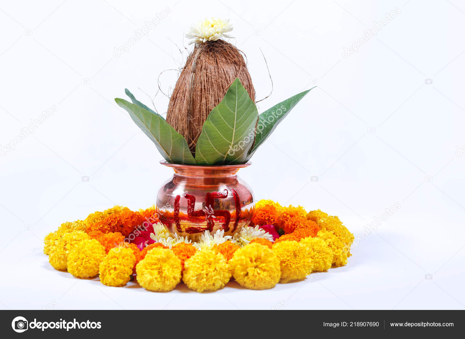 Copper Kalash Coconut Leaf Floral Decoration White Background Essential ...