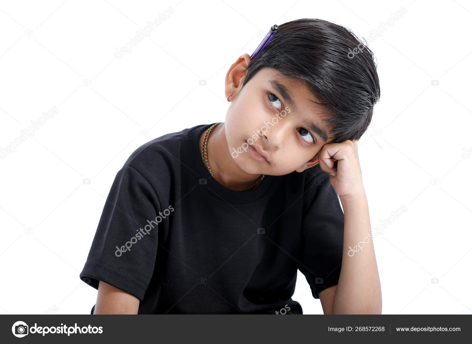 Cute Indian Boy Thinking Idea Looking Isolated White Background — Stock ...